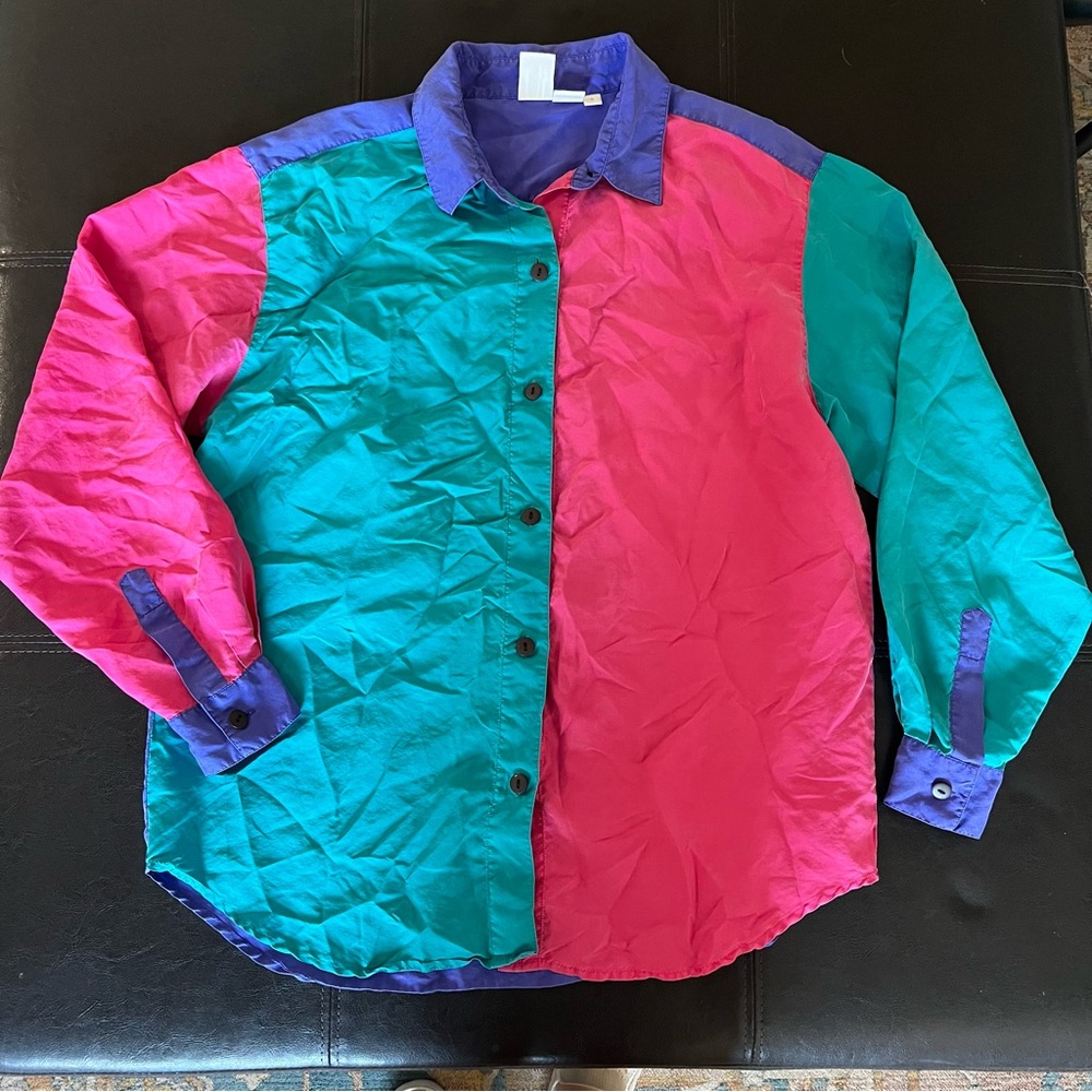 Vintage Button Up Color Block Shirt - Gem